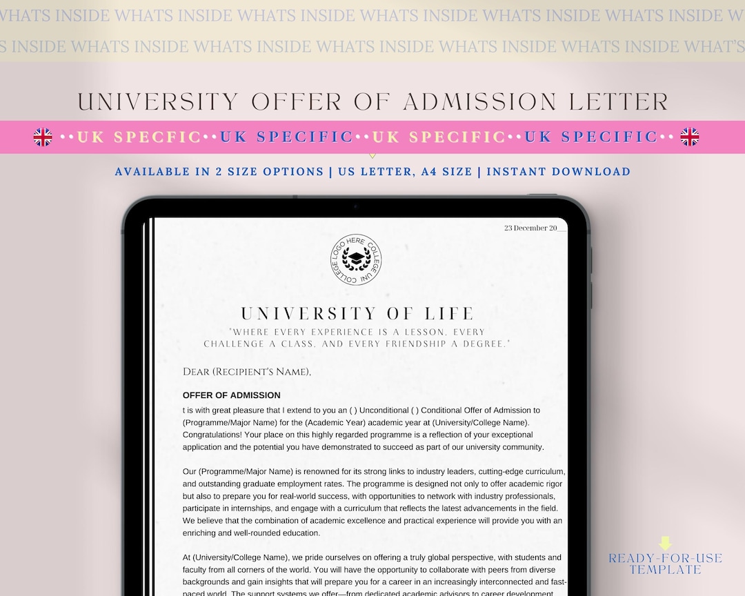University Admission Offer Letter Template (uk-specific, Extended ...