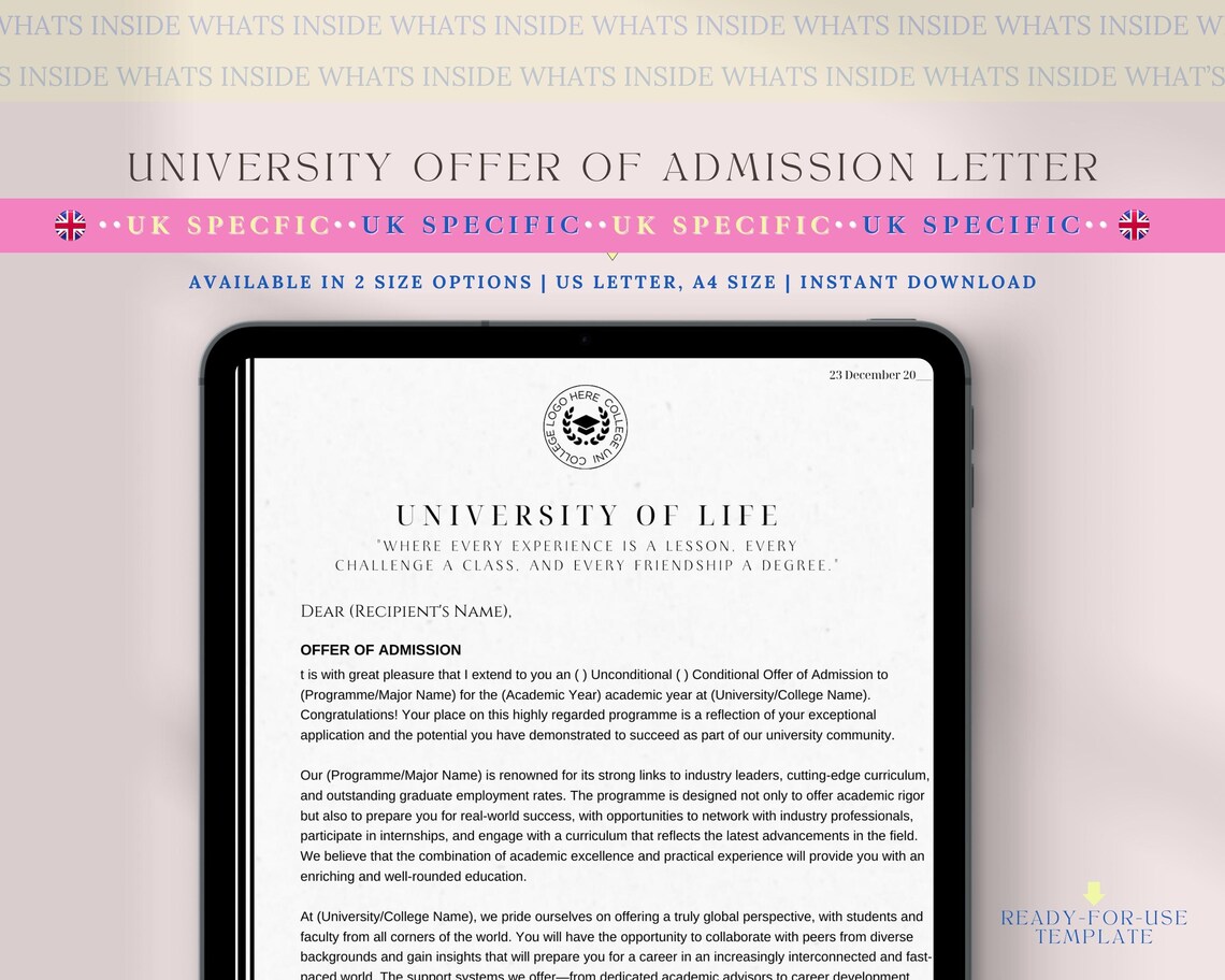 University Admission Offer Letter Template (uk-specific, Extended ...