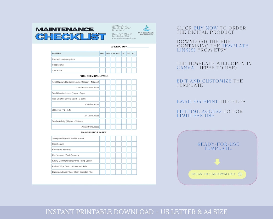 Pool Maintenance Checklist, Pool Maintenance Log, Pool Maintenance ...