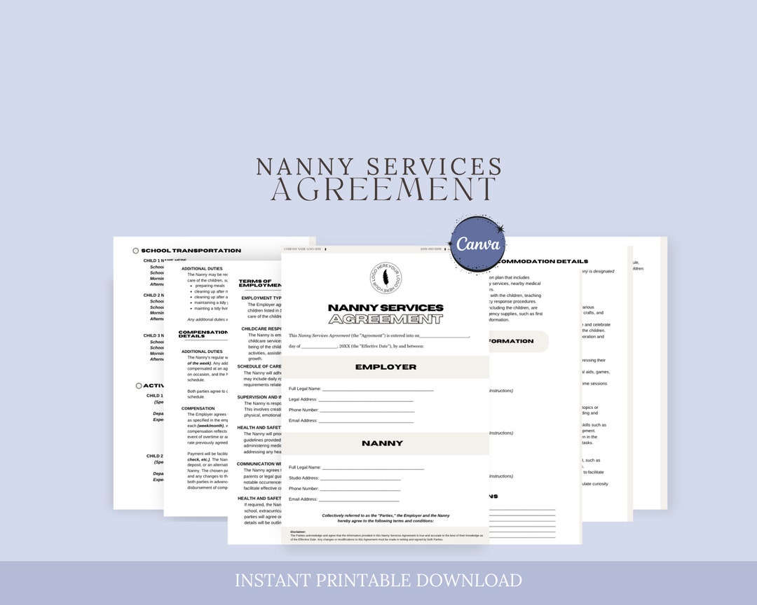 Nanny Services Agreement,nanny Service Contract Template, 22 Pages DIY ...