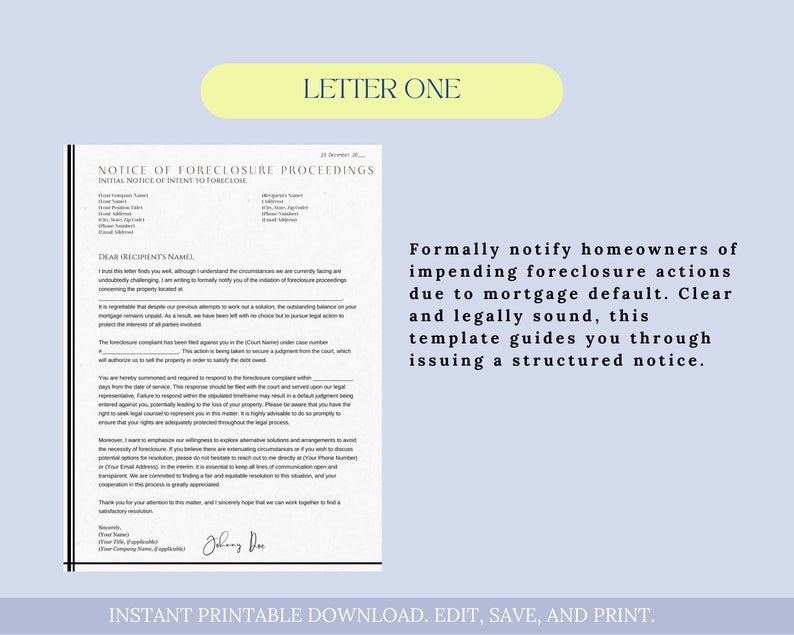 Foreclosure Proceedings Correspondence Kit, Notice of Intent to ...