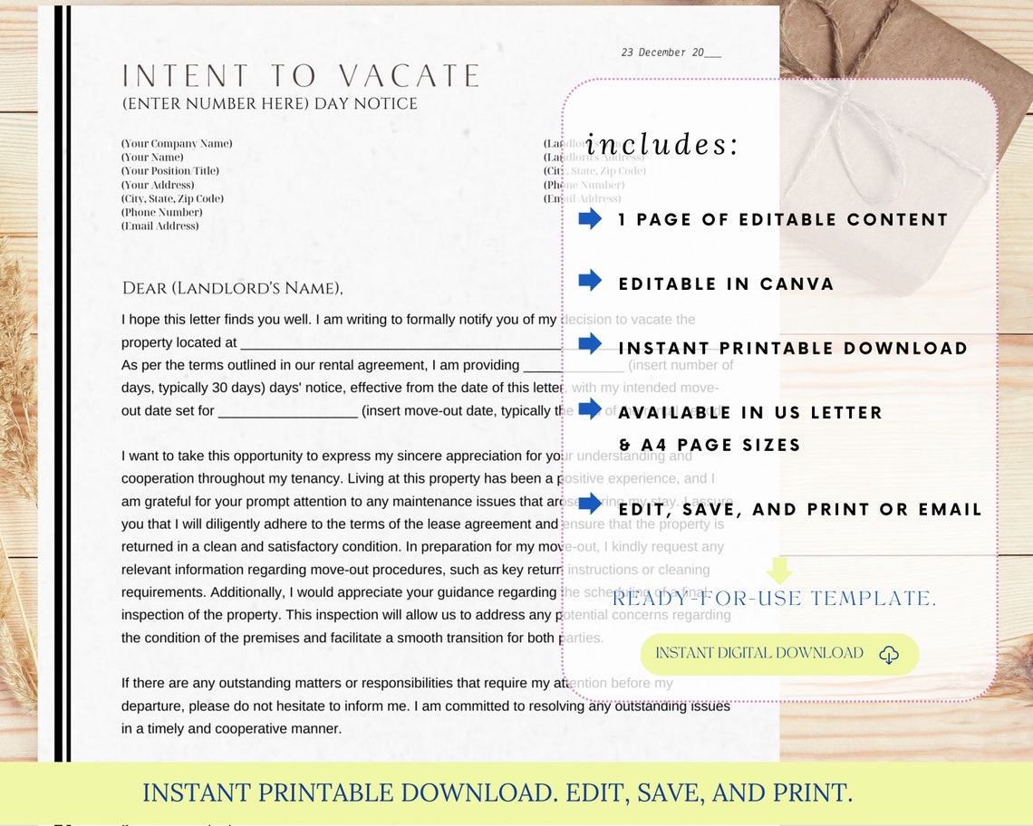 Tenant Notice of Intent to Vacate Letter,tenant Notice to Landlord ...