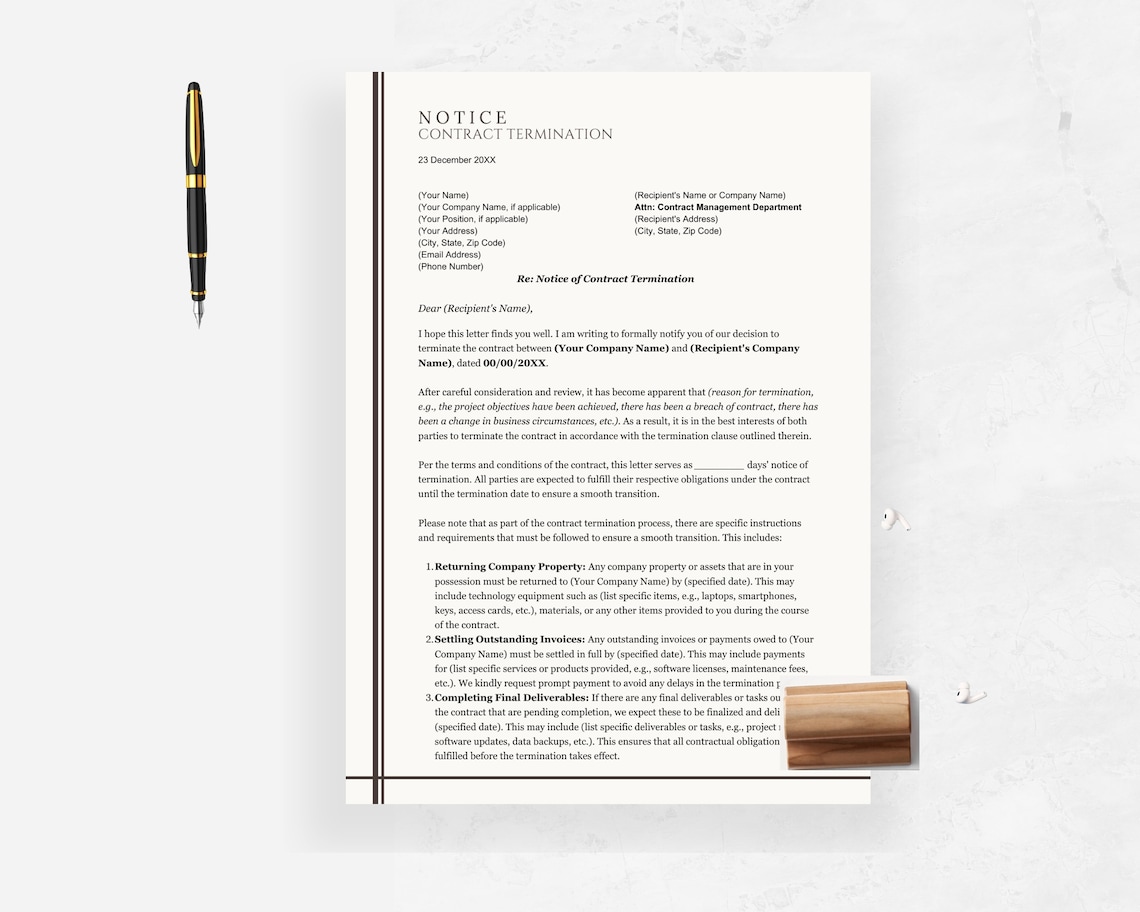 Notice of Contract Termination Letter, End of Contract Notification ...