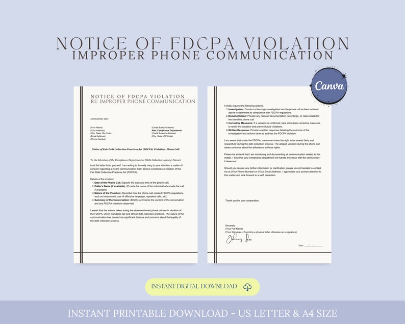 Notice of FDCPA Violation Regarding Improper Phone Communication Letter ...