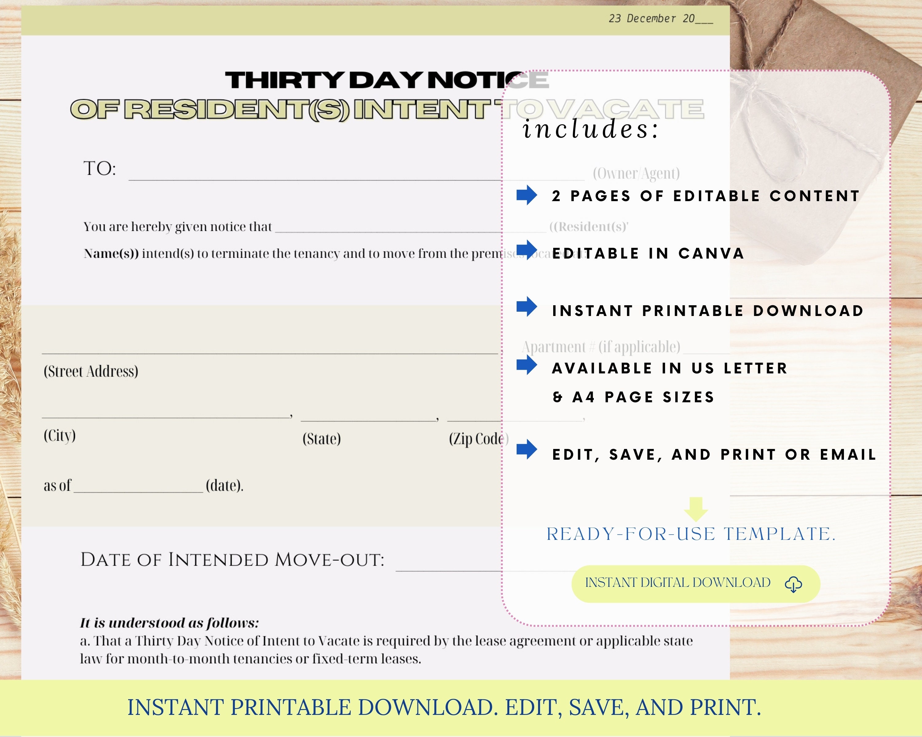 30 Day Notice of Resident's Intent to Vacate, Lease Termination Form ...