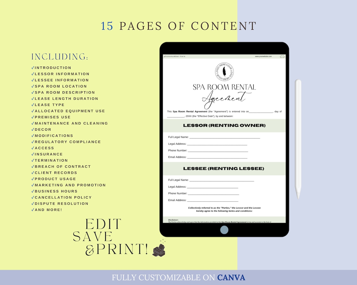 Spa Room Rental Agreement, Massage Room Rental Contract,esthetician ...