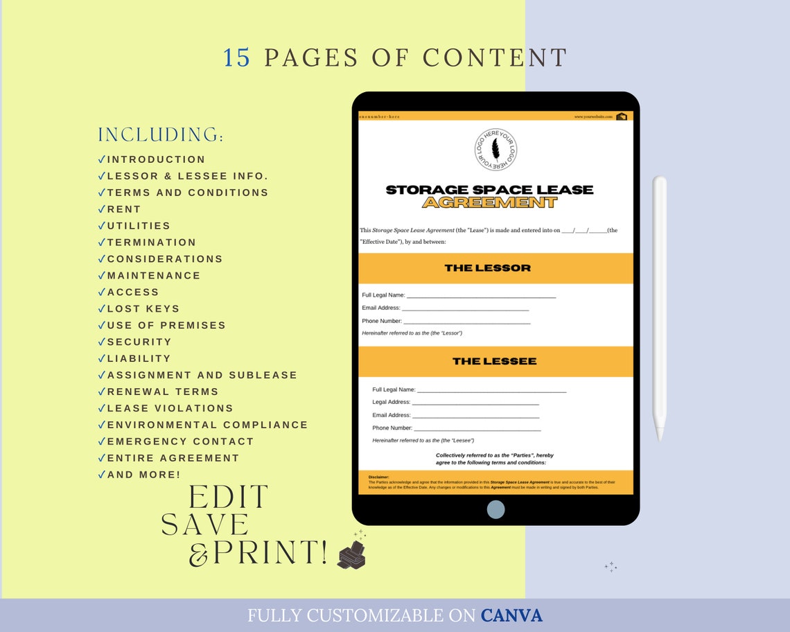 Storage Space Lease Agreement, Storage Rental Agreement, Storage Space ...