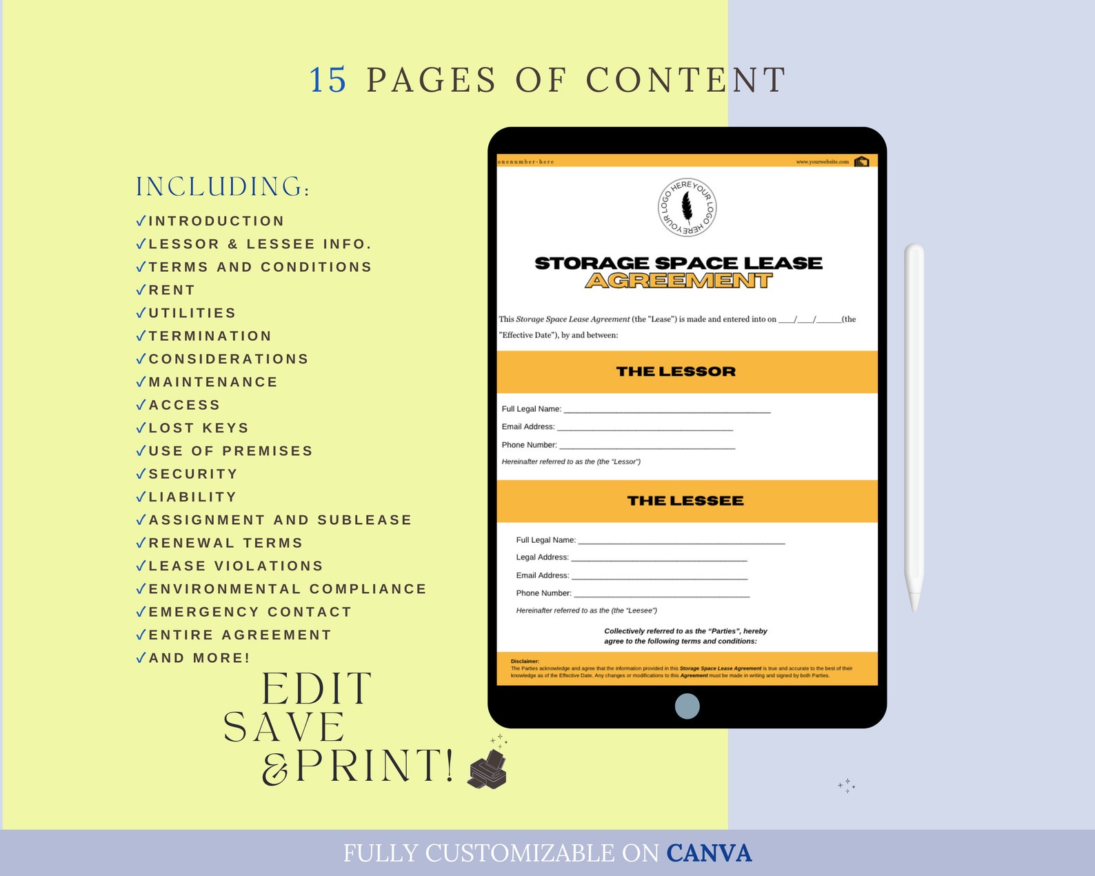 Storage Space Lease Agreement, Storage Rental Agreement, Storage Space ...