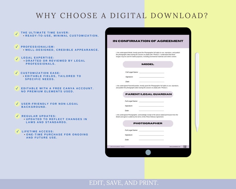 Photo Print Release Template Agreement, Printable Photography Print ...