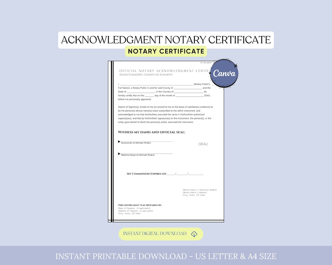 Acknowledgment Notary Certificate Template, Notarial Certificate ...