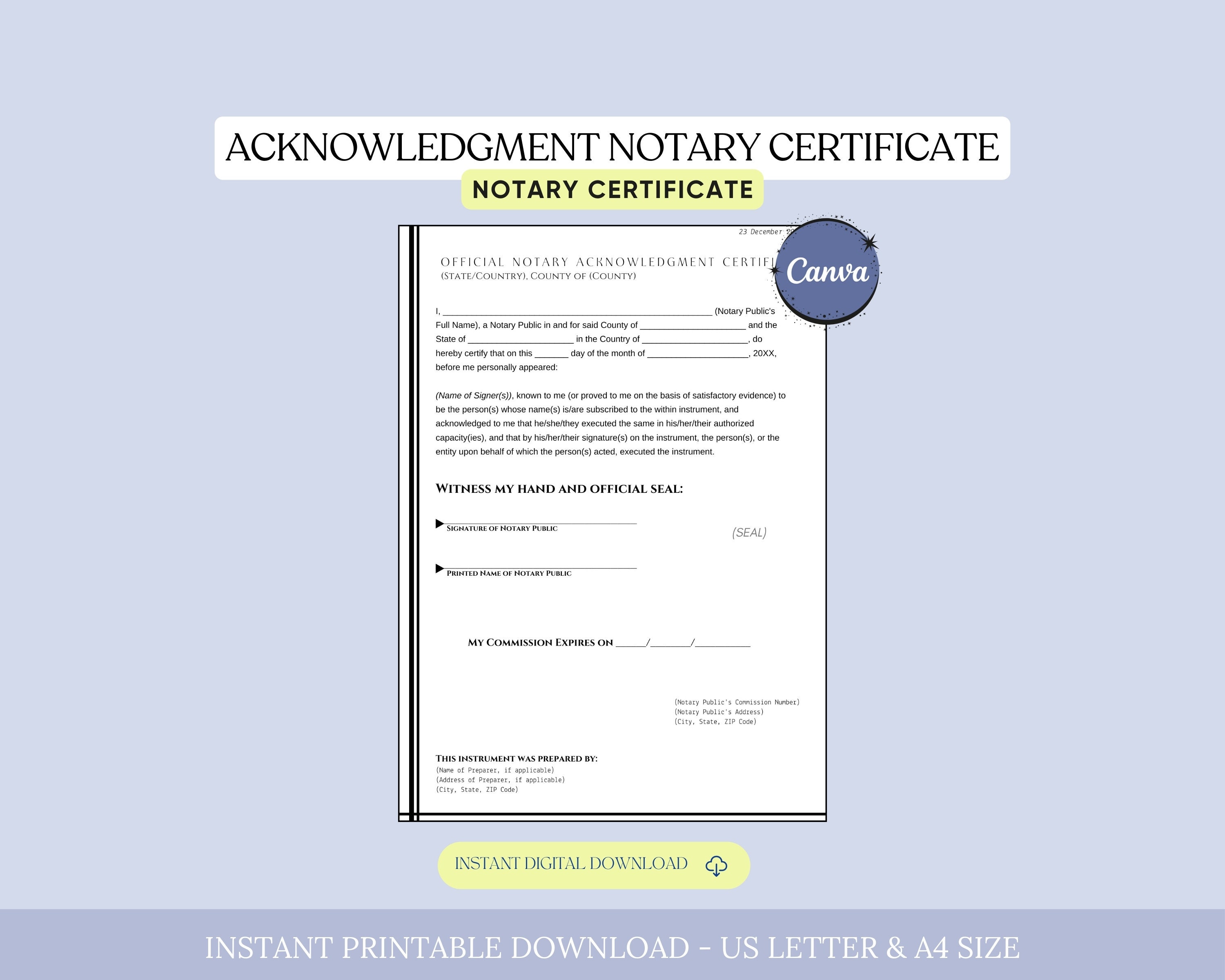 Acknowledgment Notary Certificate Template, Notarial Certificate ...