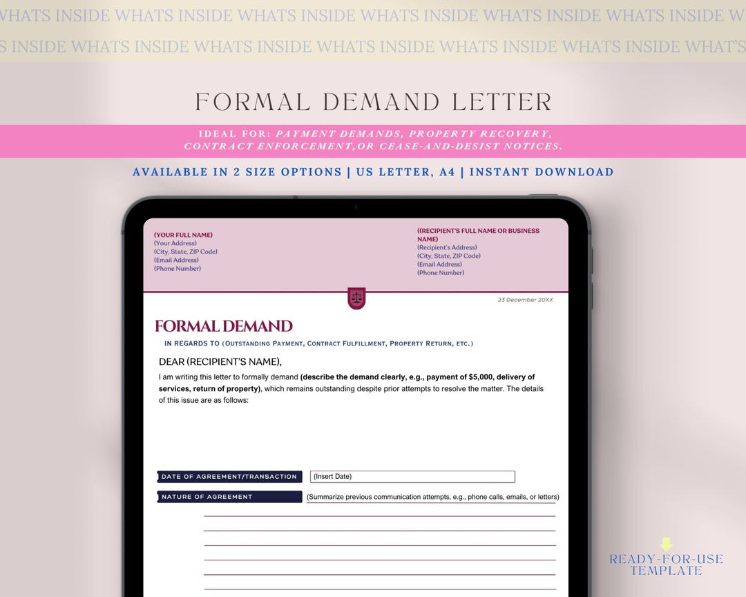 Formal Demand Letter Template for Payment Demands,property Recovery ...