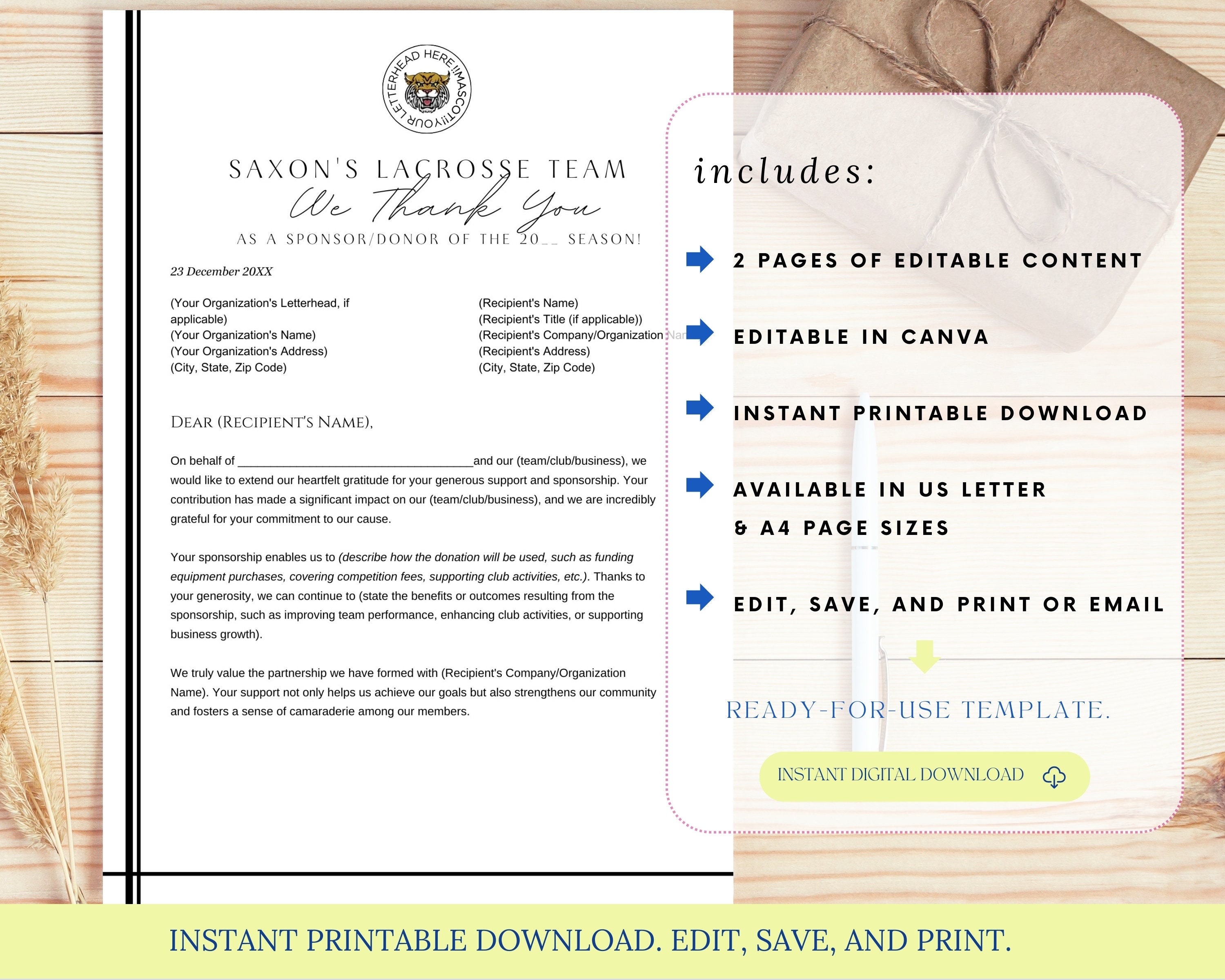 Donation Thank You Letter Template, Team Sponsor Appreciation, Sports ...