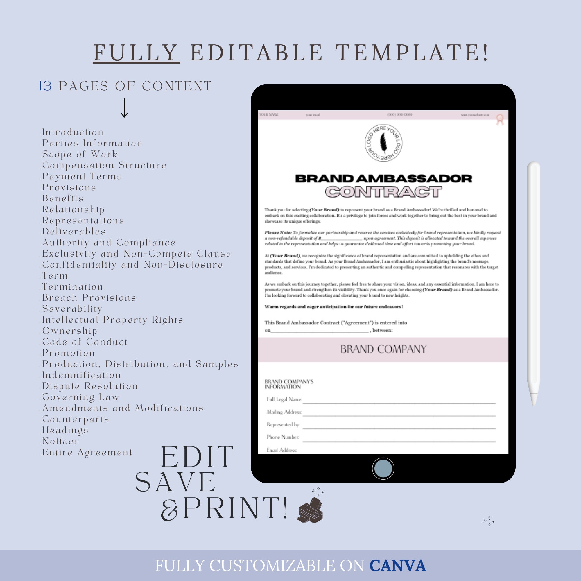 Brand Ambassador Agreement, Brand Ambassador Business Contract Template ...
