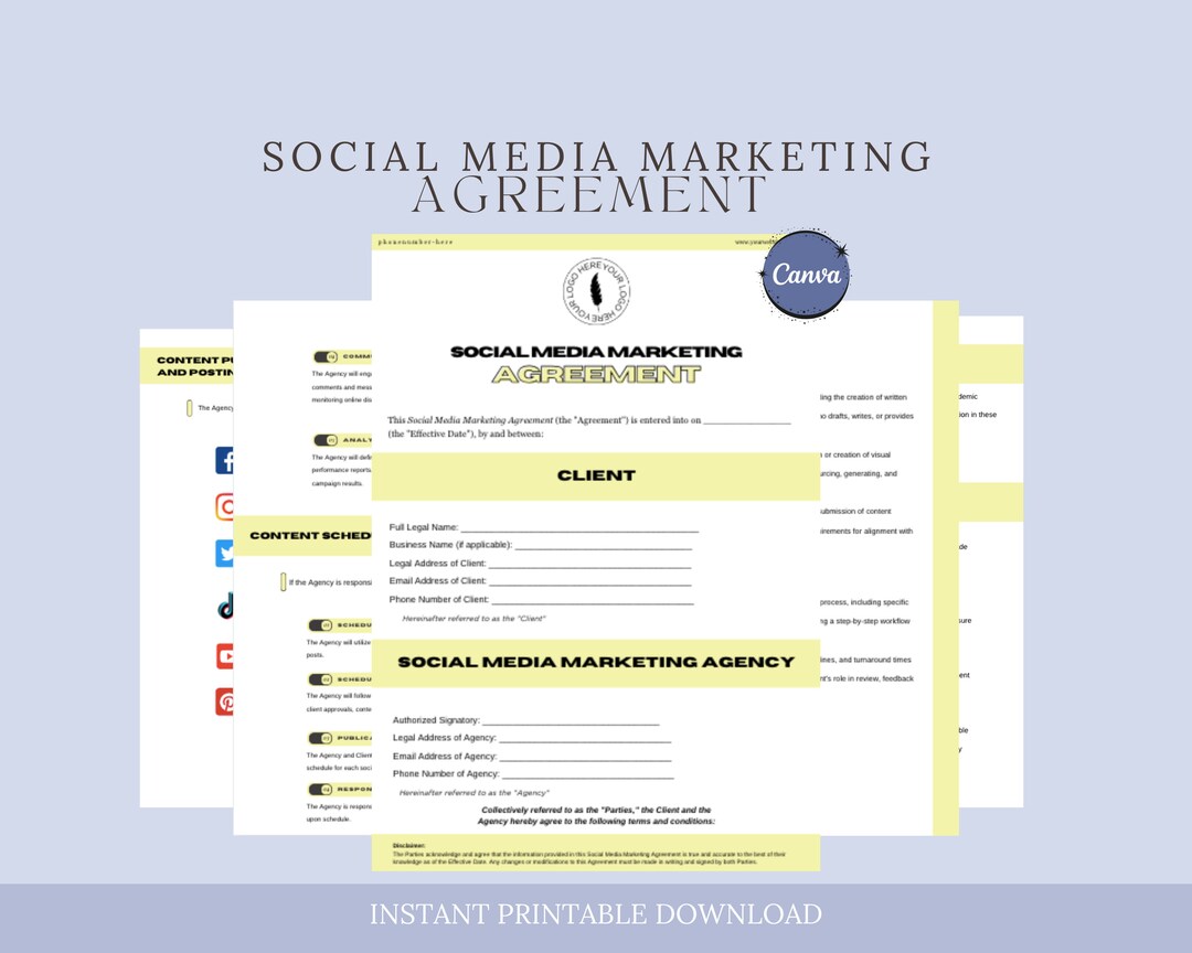 Social Media Marketing Agreement, Social Media Manager Contract, Media ...