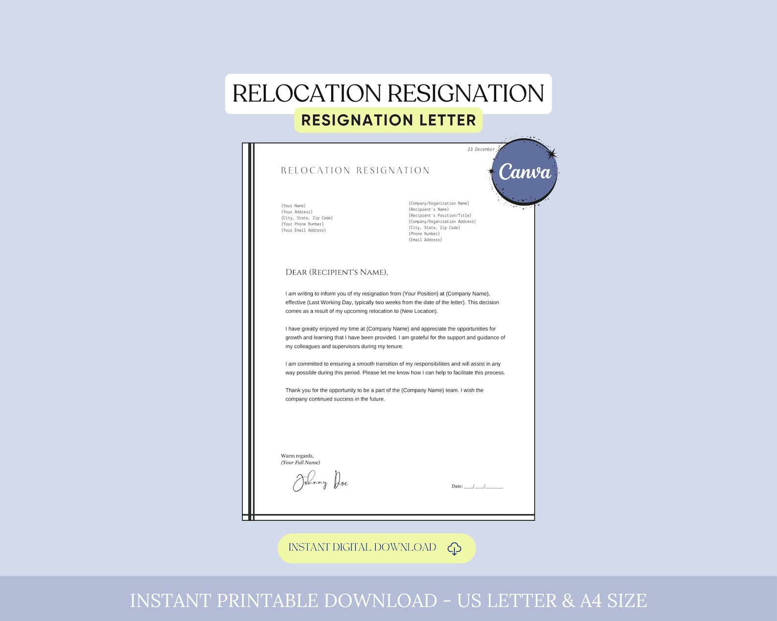 Relocation Resignation Letter Template, Professional Resignation Letter ...