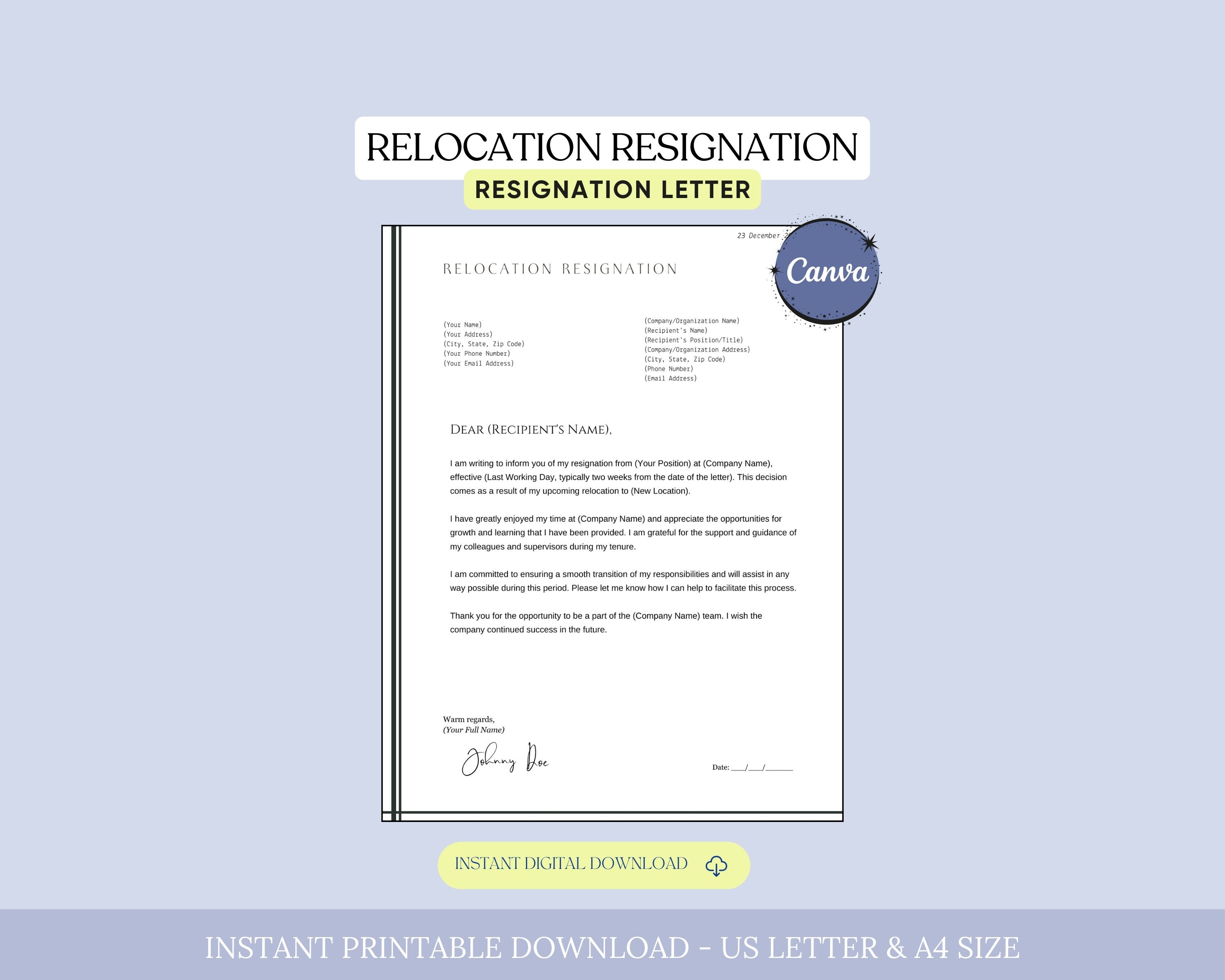 Relocation Resignation Letter Template, Professional Resignation Letter ...