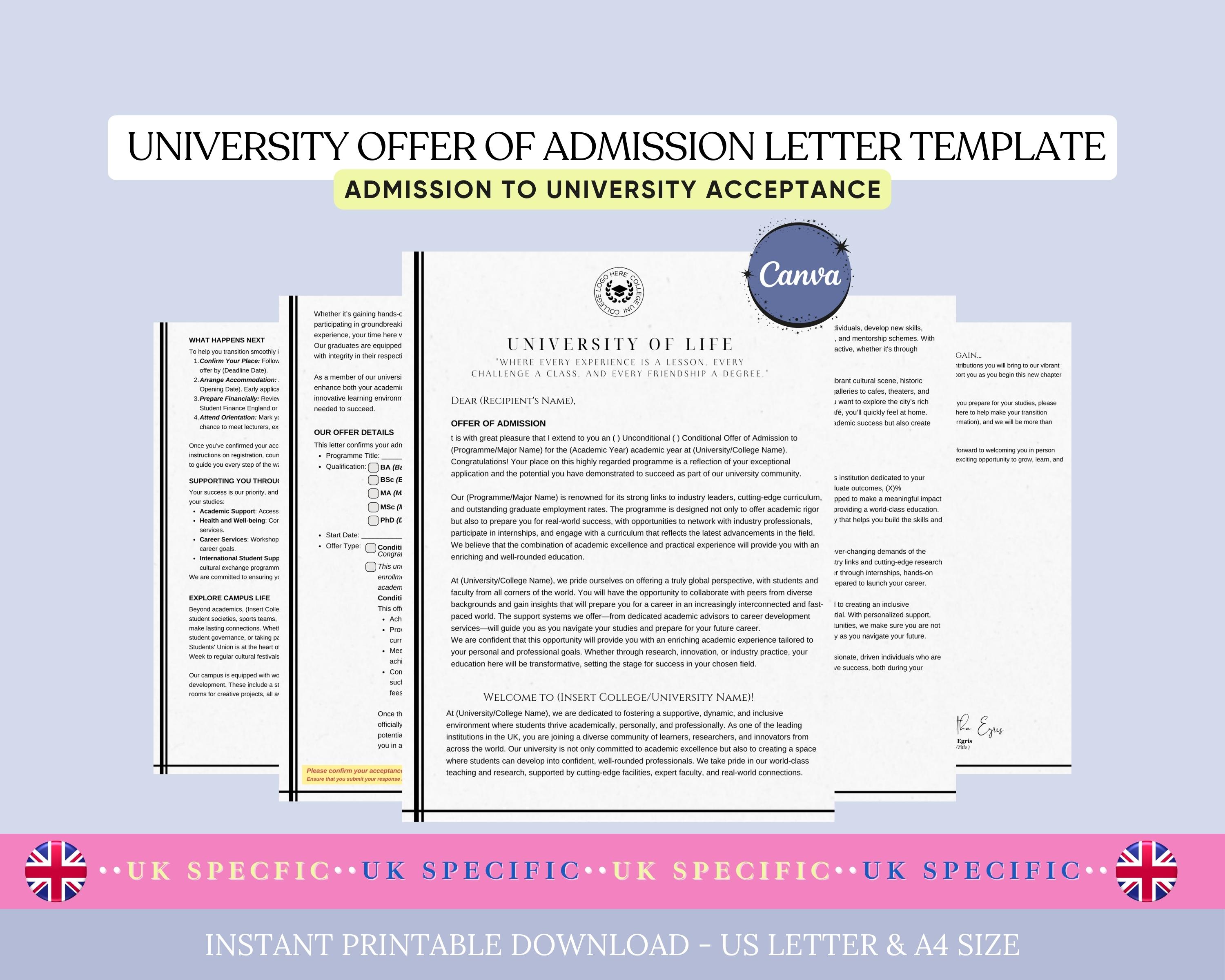 University Admission Offer Letter Template (uk-specific, Extended ...