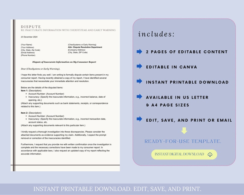 Dispute Letter for Inaccurate Information With Chexsystems and Early ...
