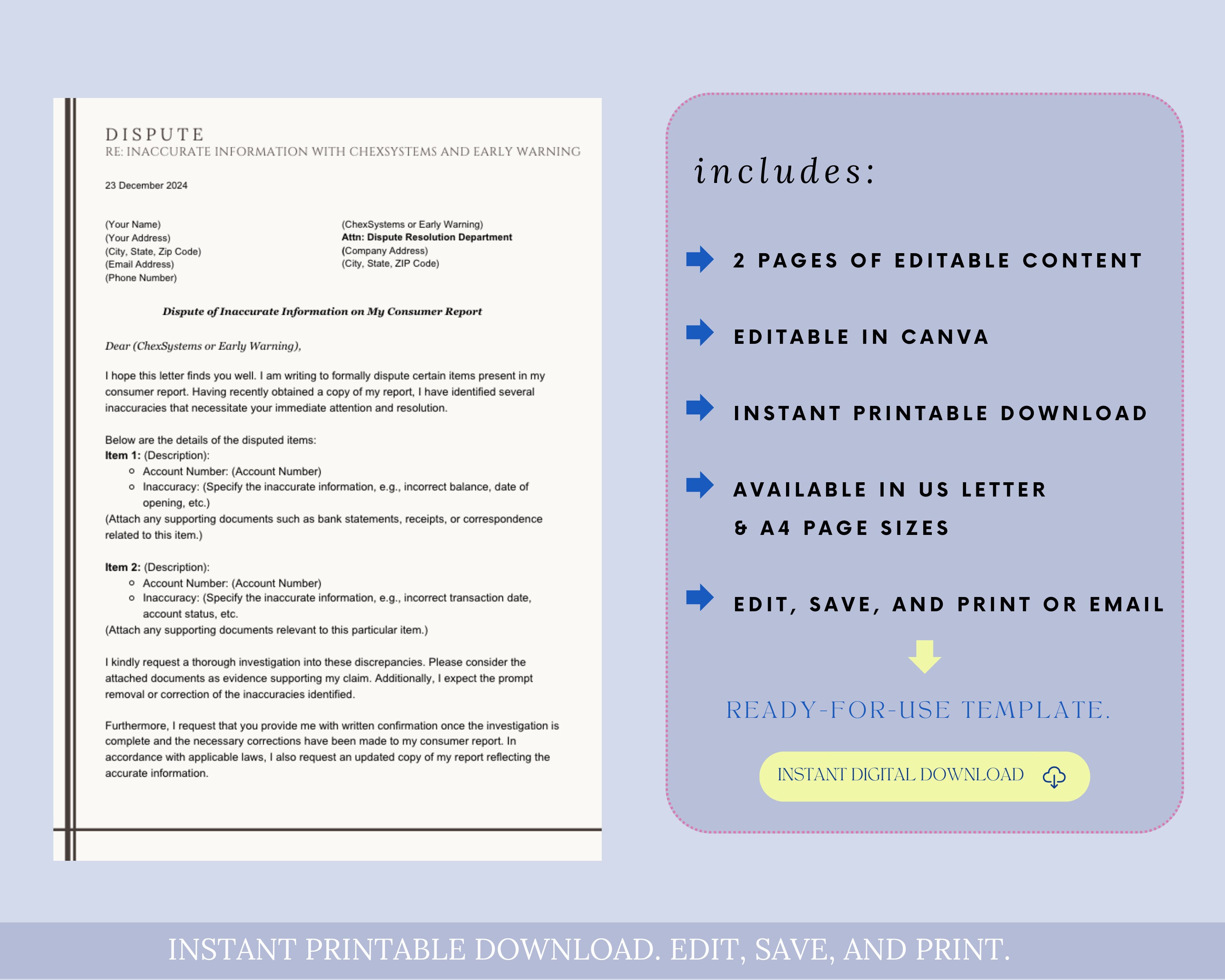 Dispute Letter for Inaccurate Information With Chexsystems and Early ...