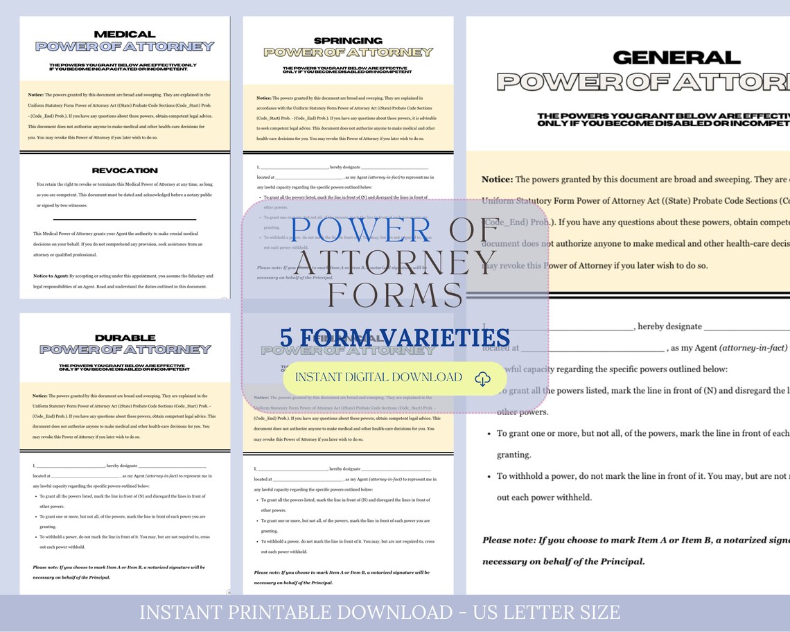 Power of Attorney Forms Pack, General POA, POA Form, Springing POA ...
