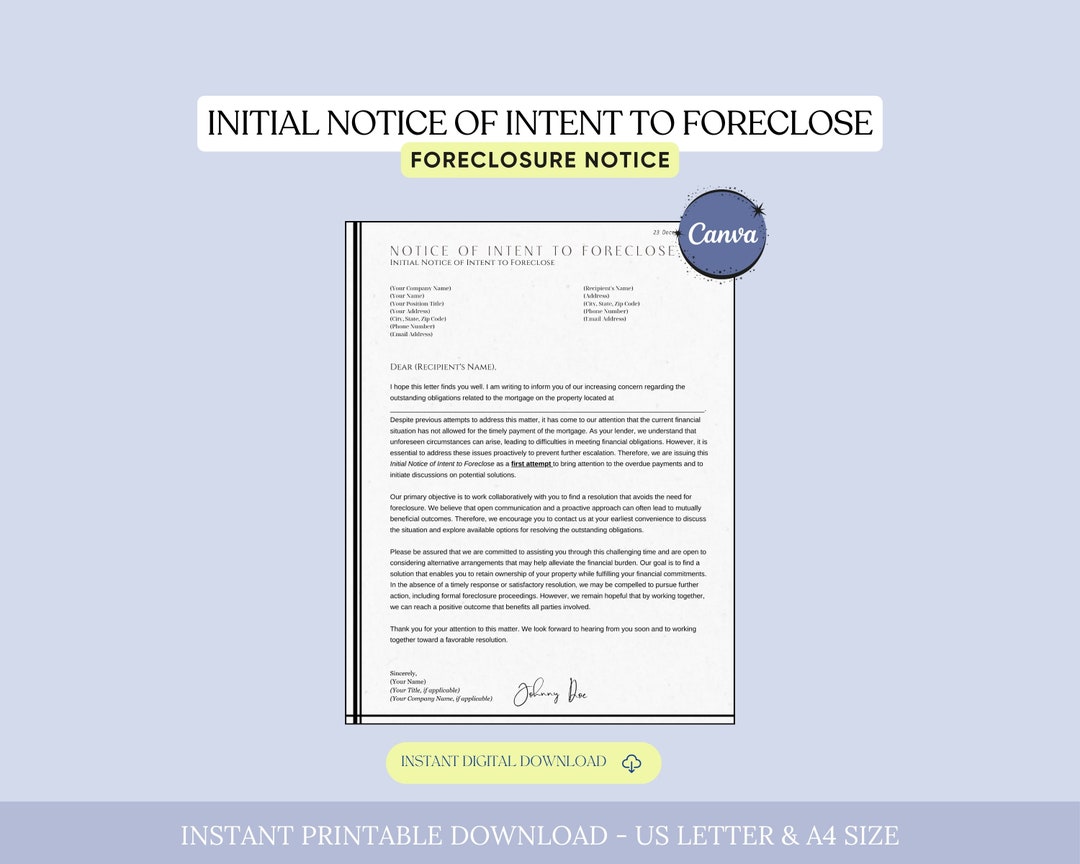 Initial Notice of Intent to Foreclose Template, Mortgage Delinquency ...