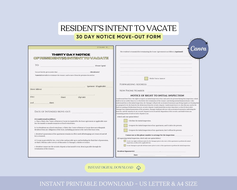 30 Day Notice of Resident's Intent to Vacate, Lease Termination Form ...