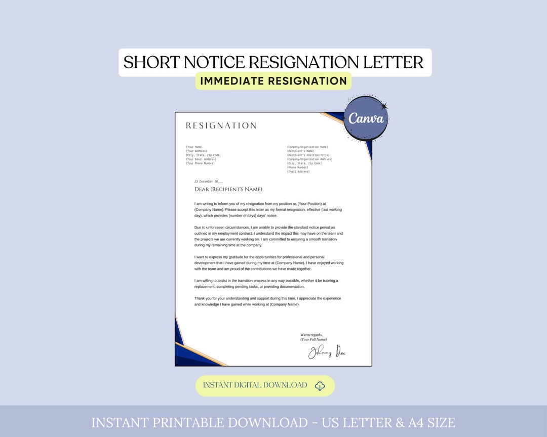 Short Notice Resignation Letter, Under 2 Weeks Notice, Professional ...