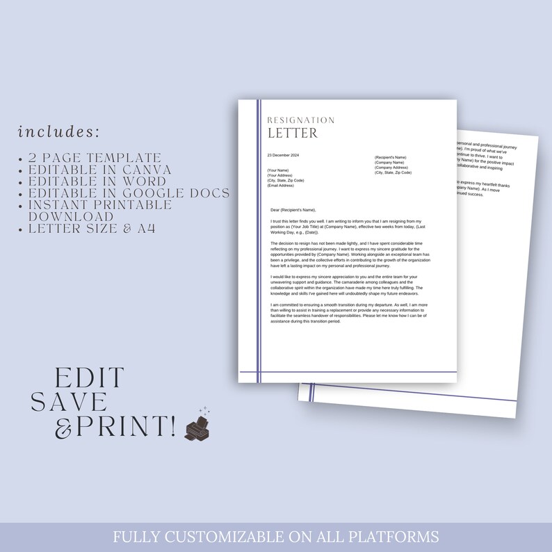 Resignation Letter Template, Professional Resignation Letter, 2 Weeks ...