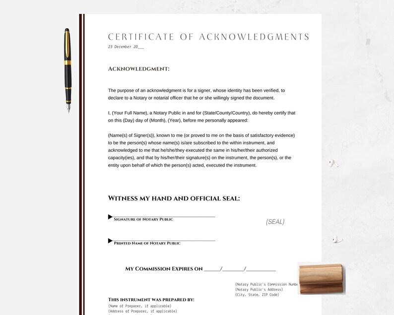 Notary Certificate of Acknowledgments, Notarial Certificate, Notary ...