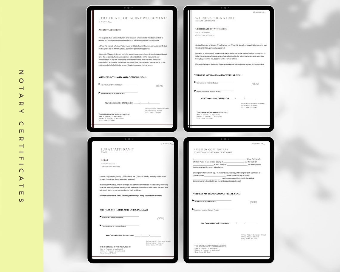 Set of 4 Notarial Certificates,witness Signature Notary,acknowledgement ...
