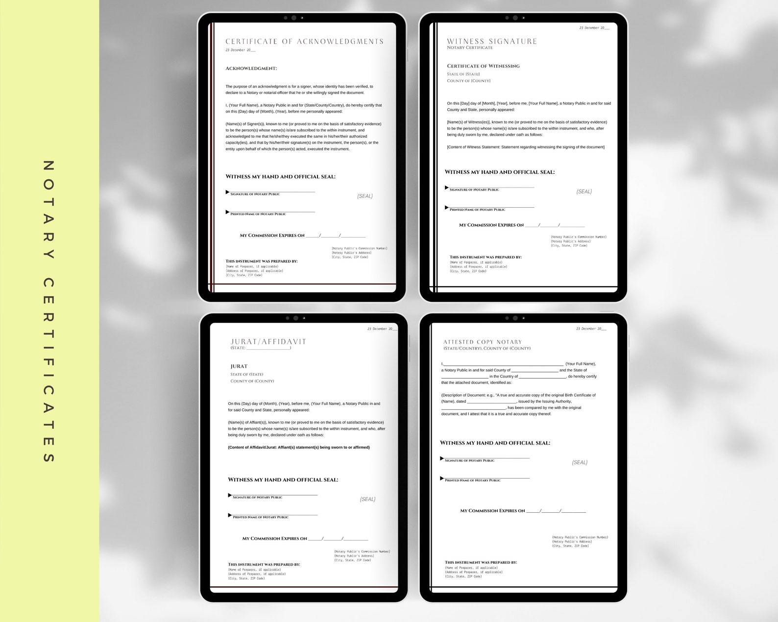 Set of 4 Notarial Certificates,witness Signature Notary,acknowledgement ...