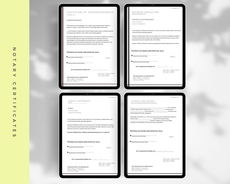 Set of 4 Notarial Certificates,witness Signature Notary,acknowledgement ...