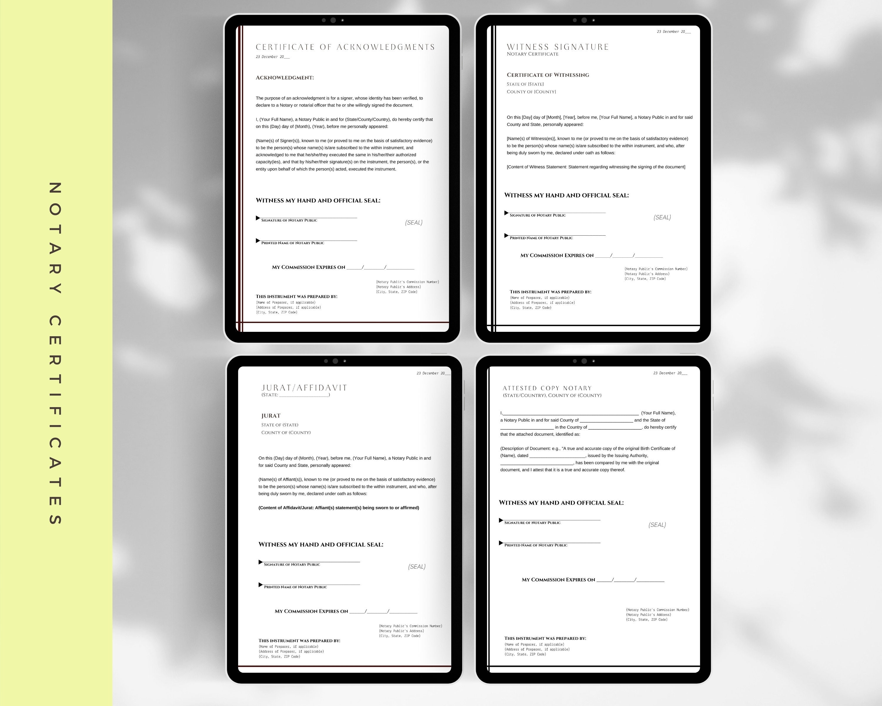 Set of 4 Notarial Certificates,witness Signature Notary,acknowledgement ...