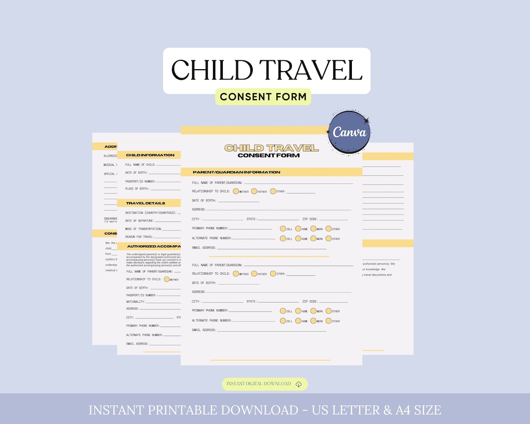 Editable Child Travel Consent Form, Minor Travel Consent Form, Child ...