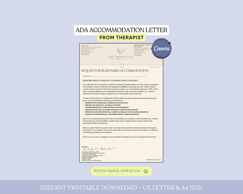Reasonable Accommodation Letter for Therapy Office and Counselors ...