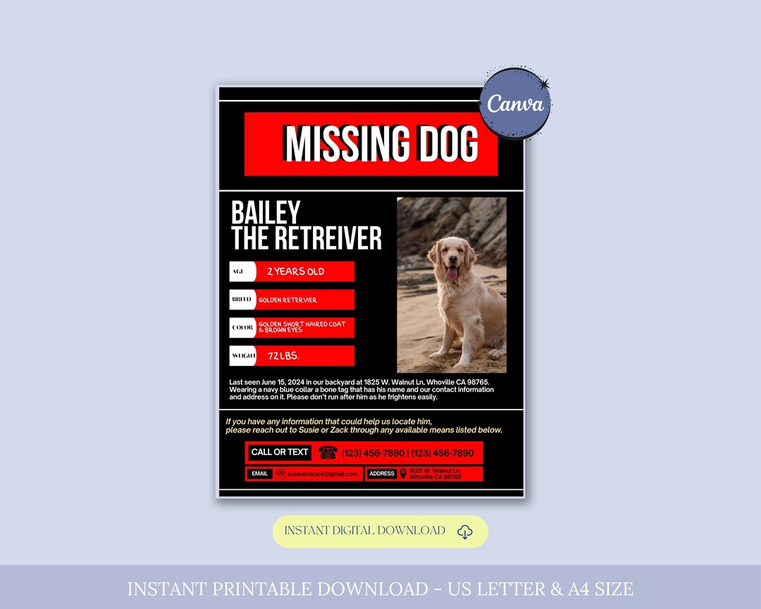 Missing Dog Flyer Template, Lost Dog Poster, Editable Lost Pet Poster ...