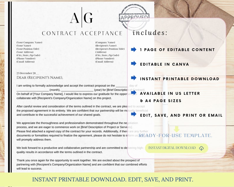 Contract Acceptance Letter Template, Approved Business Deal Letter ...