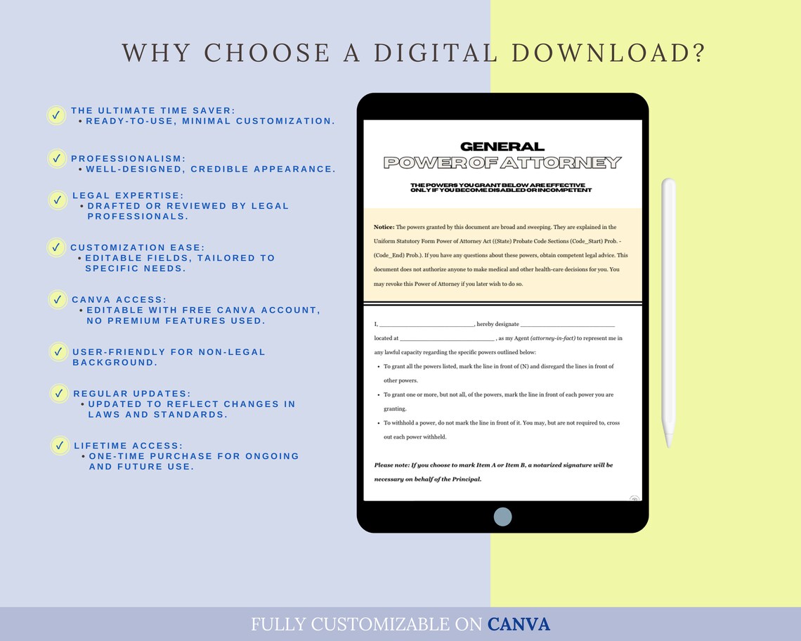 General Power of Attorney Template, General POW, Unlimited POA, Full ...