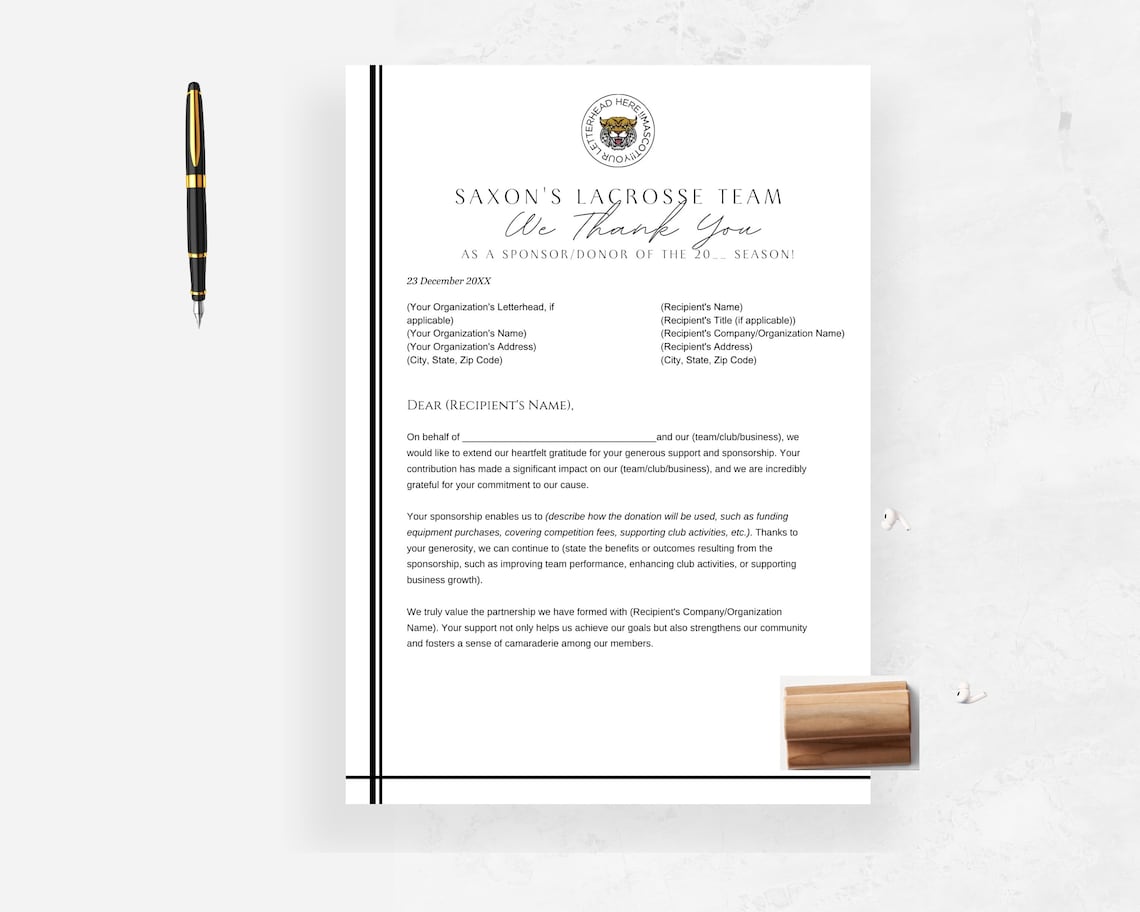 Donation Thank You Letter Template, Team Sponsor Appreciation, Sports ...