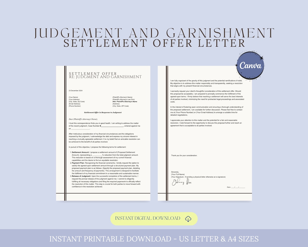 Settlement Offer Judgement and Garnishment Letter Template, Debt ...