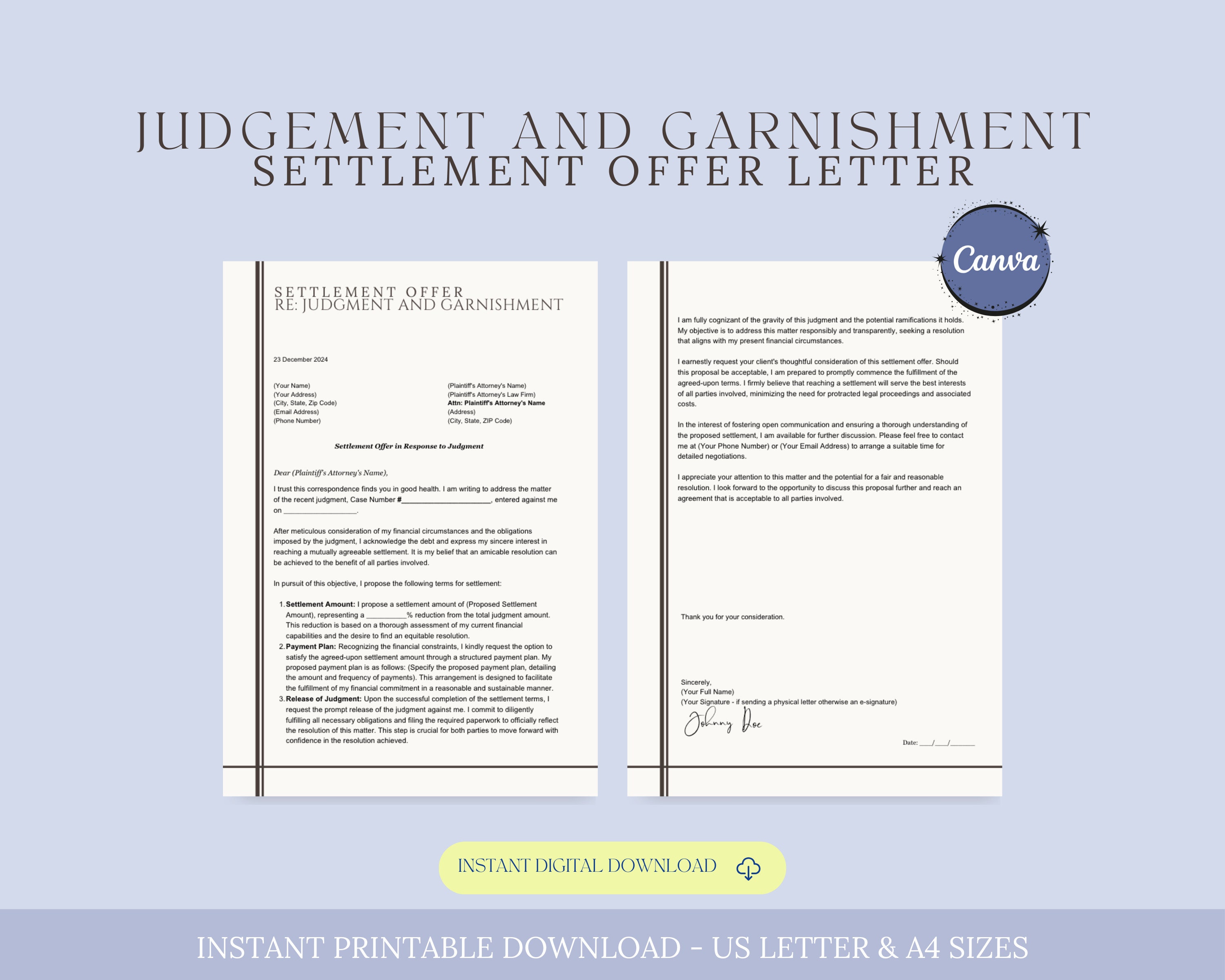 Settlement Offer Judgement and Garnishment Letter Template, Debt ...