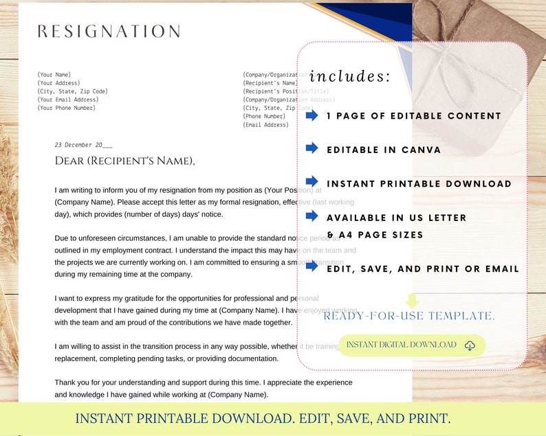 Short Notice Resignation Letter, Under 2 Weeks Notice, Professional ...