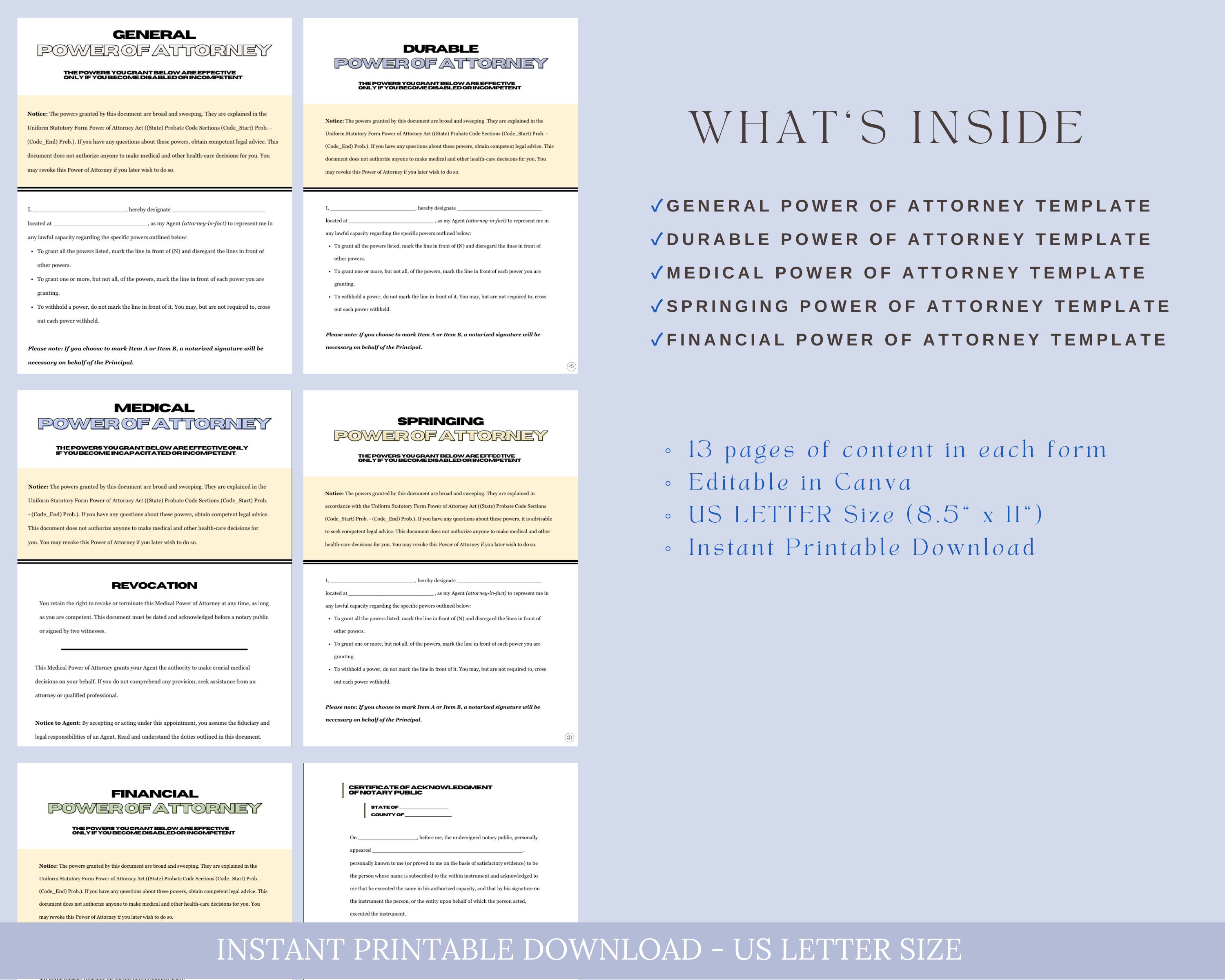 Power of Attorney Forms Pack, General POA, POA Form, Springing POA ...