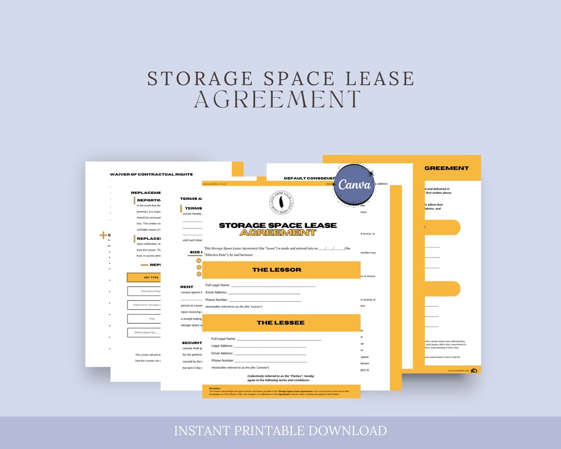 Storage Space Lease Agreement, Storage Rental Agreement, Storage Space ...