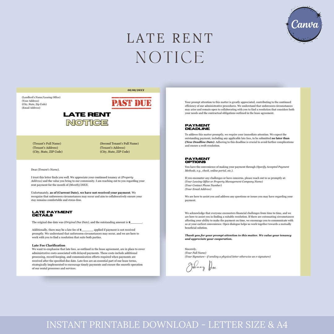 Late Rent Notice, Late Rent Payment, Overdue Rent, Delay Rent Notice ...