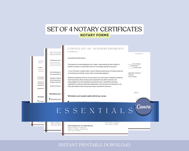 Set of 4 Notarial Certificates,witness Signature Notary,acknowledgement ...