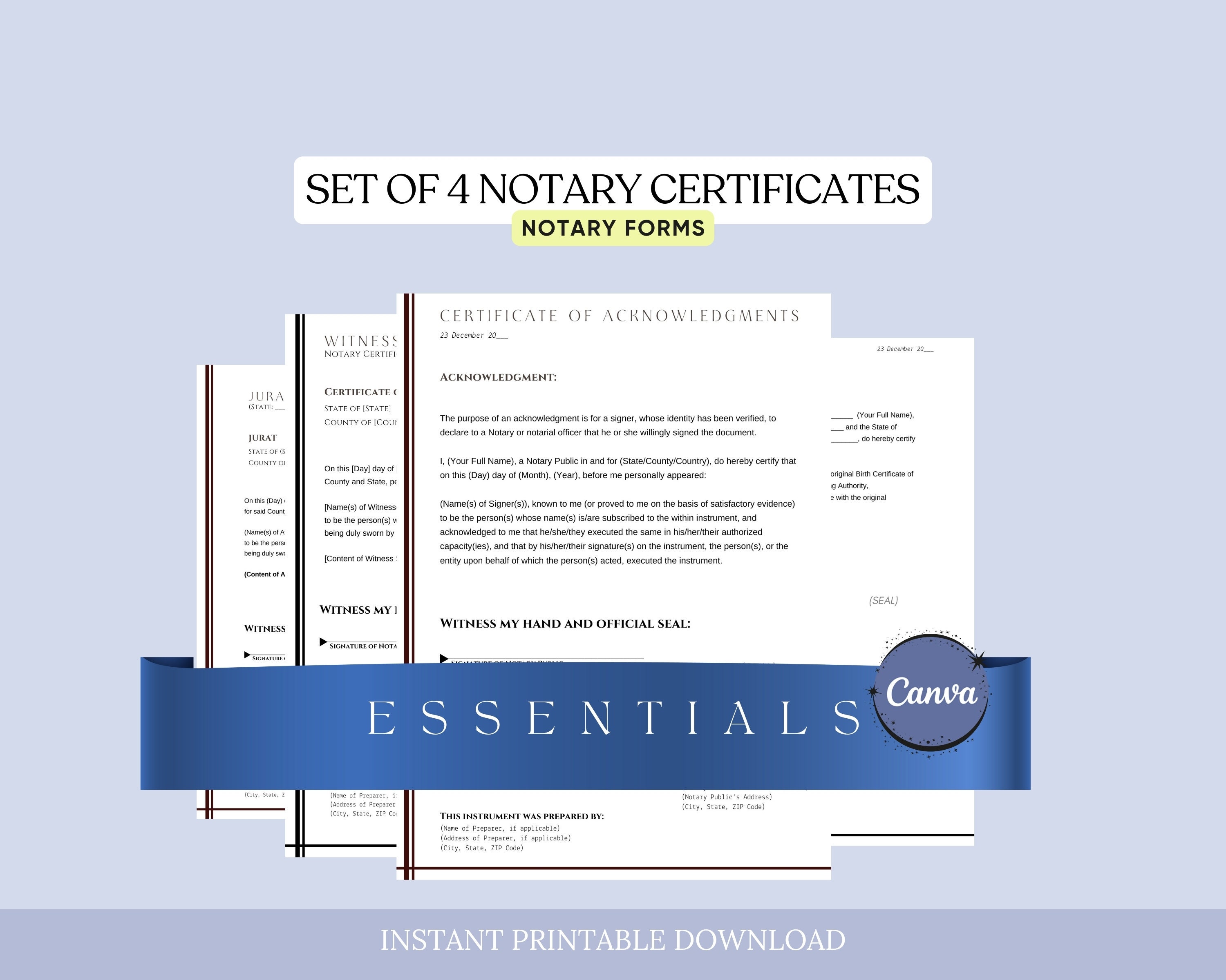 Set of 4 Notarial Certificates,witness Signature Notary,acknowledgement ...