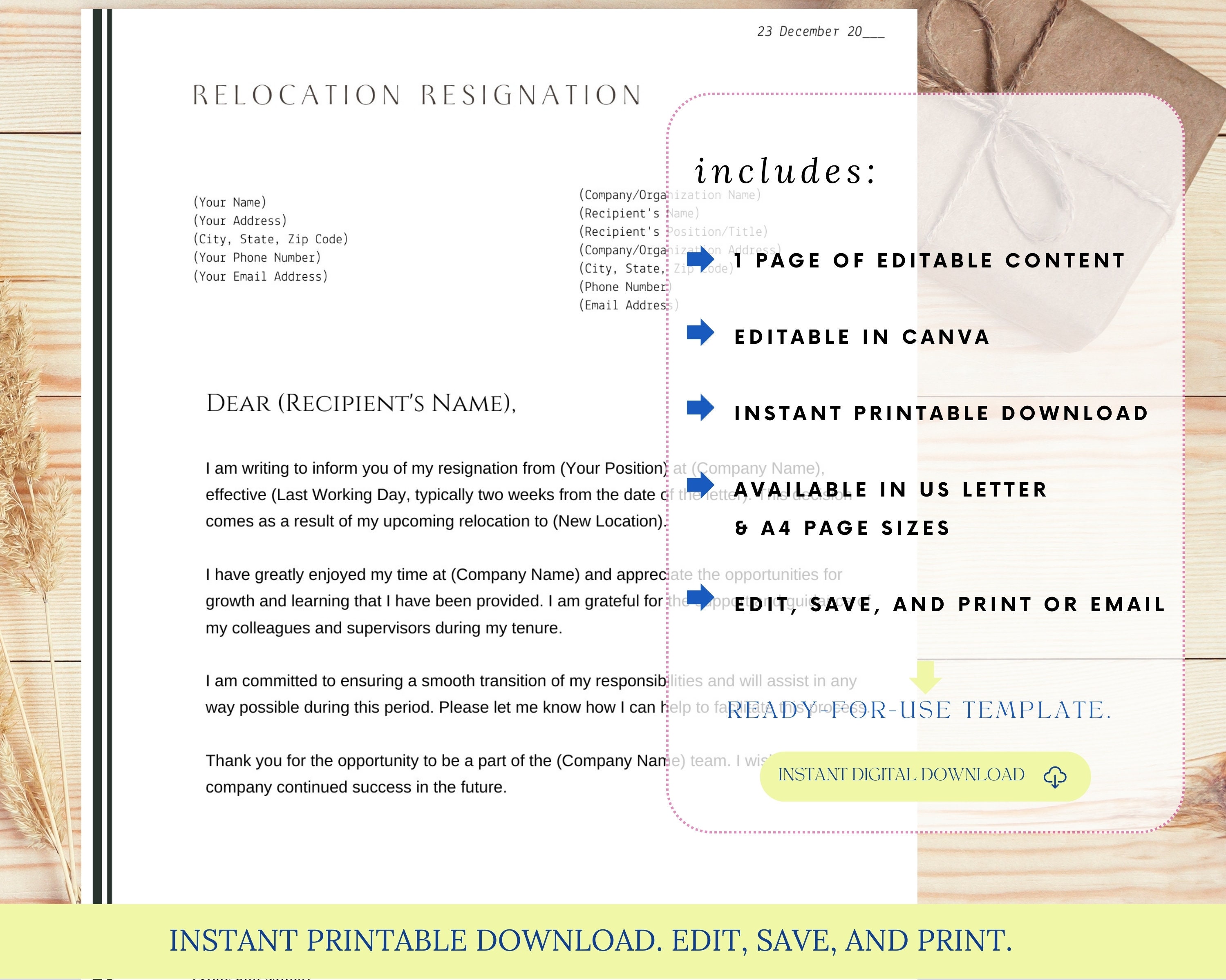 Relocation Resignation Letter Template, Professional Resignation Letter ...