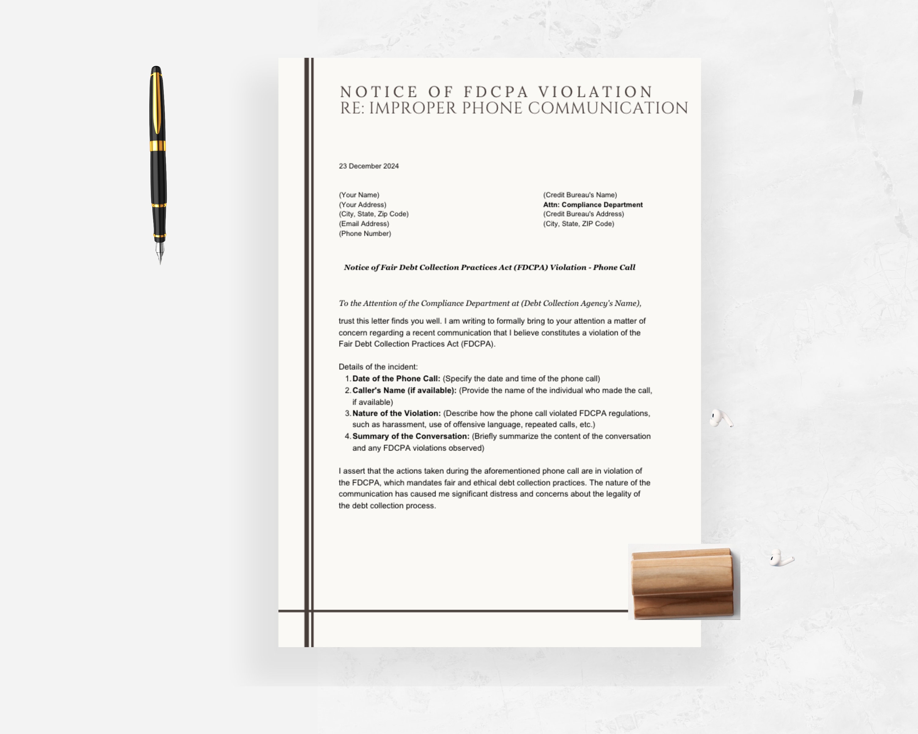 Notice of FDCPA Violation Regarding Improper Phone Communication Letter ...